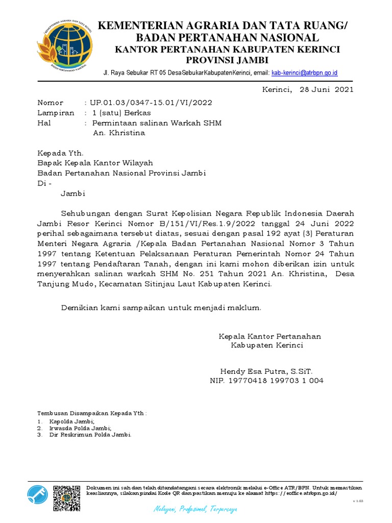 Permintaan Salinan Warkah SHM Kerinci | PDF