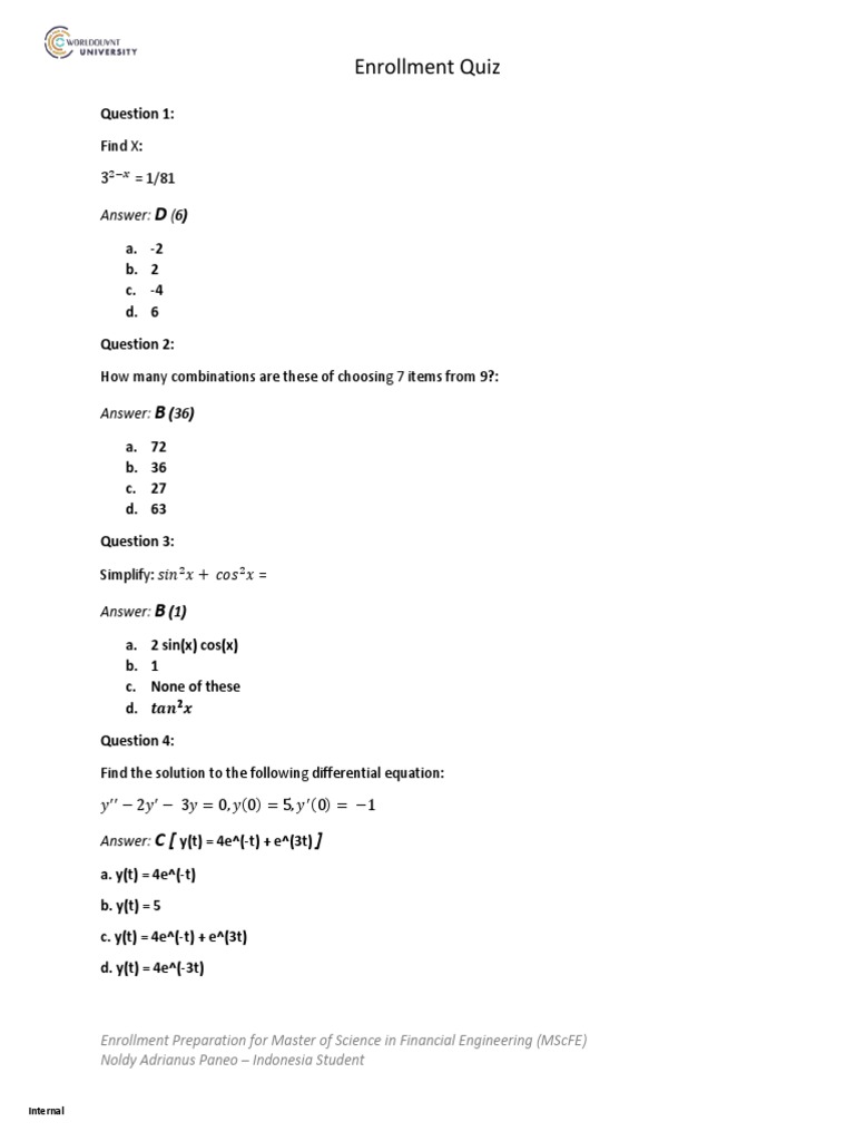 Enrollment Quiz WorldQuant University MScFE Program | PDF ...