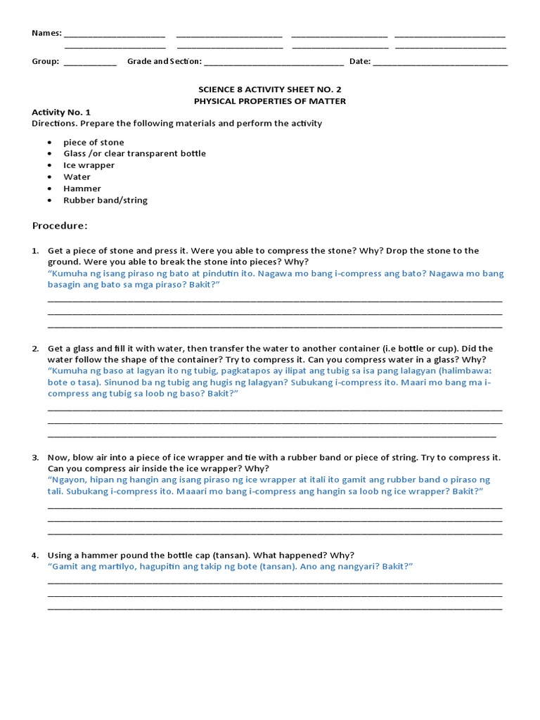 Science 8 Activity Sheet No. 2 | PDF | Gases | Liquids
