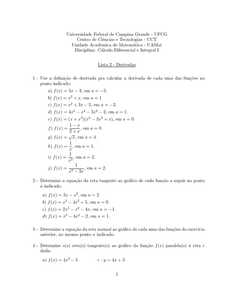 Lista Exercícios - Derivadas | PDF | Derivado | Linha (Geometria)