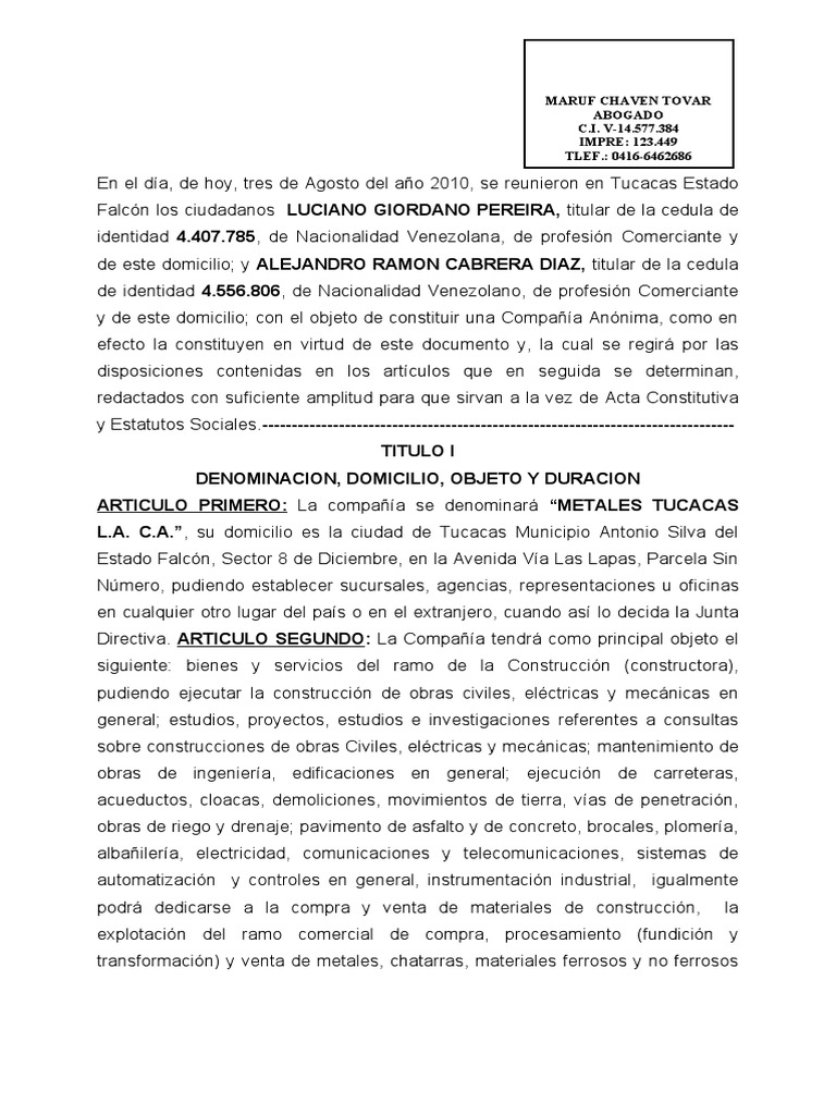 Modelo Estatutos Sociales Empresa de Metales | PDF