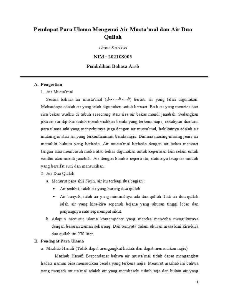 Pendapat para Ulama Tentang Air Musta'mal Dan Air Dua Qullah | PDF ...
