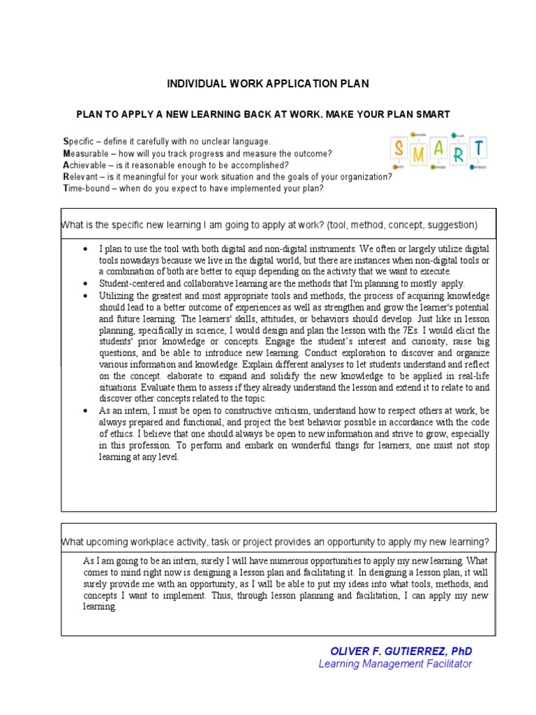 Individual Workplace Application Plan | PDF | Learning | Cognition
