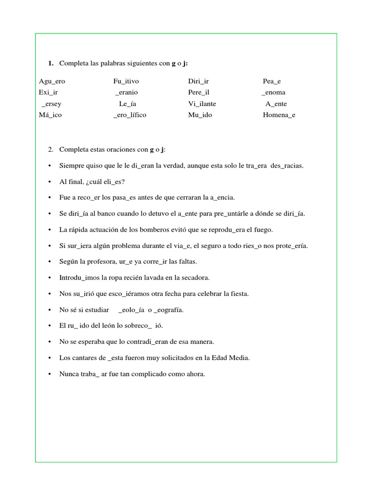 Completa Las Palabras Siguientes Con G o J | PDF