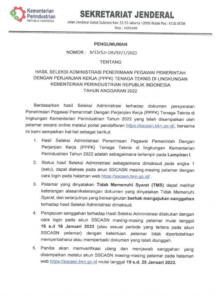Pengumuman Hasil Seleksi Administrasi PPPK Tenaga Teknis Kemenperin | PDF