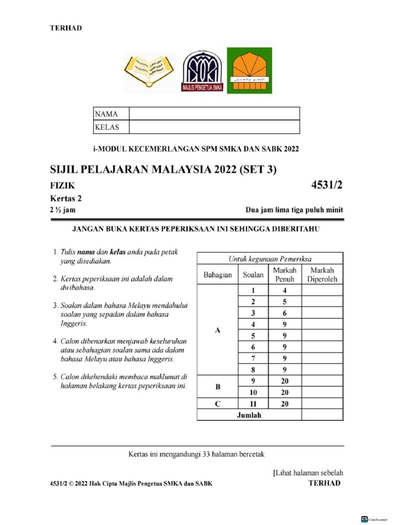 Fizik K2 SET 3 SMKA SABK 2022 | PDF