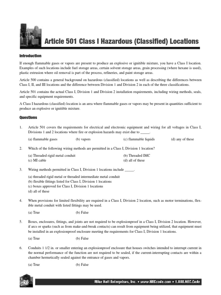 NEC Article 501 Class 1 Hazardous | PDF | Electrical Wiring ...