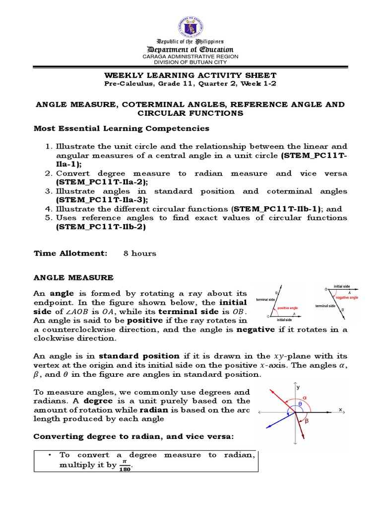 Pre Calculus Q2 Wlas Week 1 3 1 Pdf Angle Trigonometric Functions