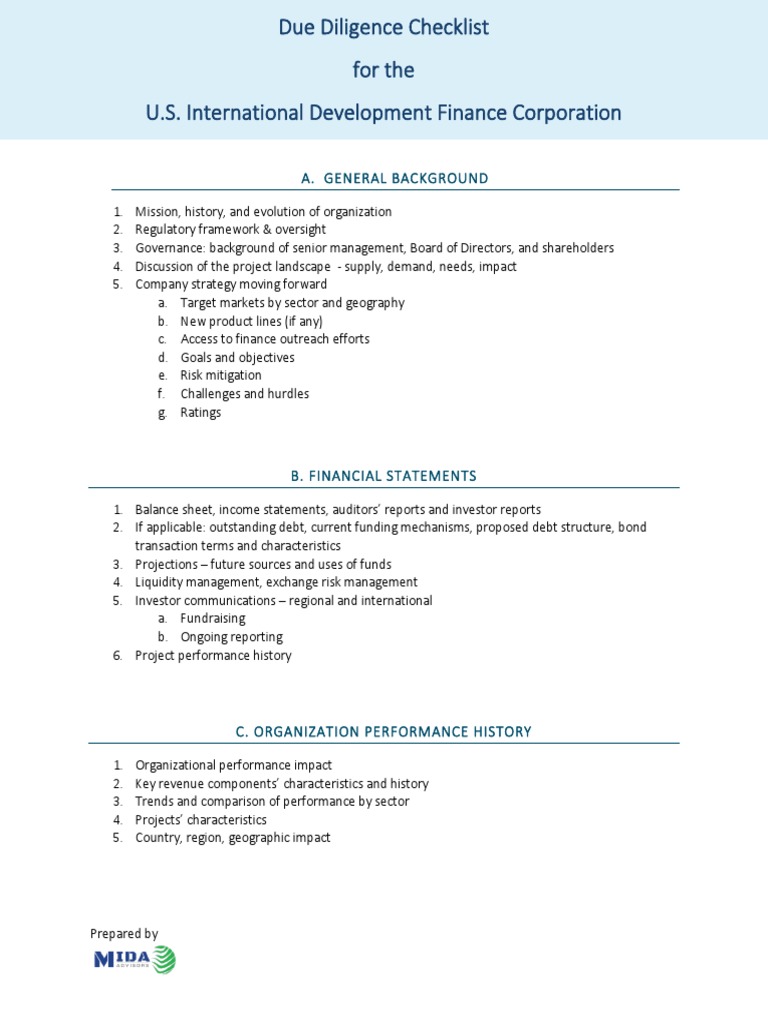 DFC Due Diligence Checklist Overview | PDF | Debt | Investing