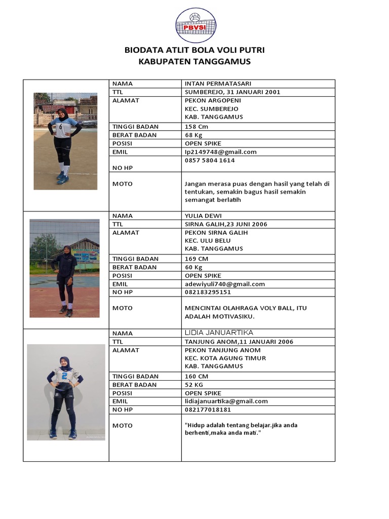 Biodata Atlit Bola Voli Putri Kabupaten Tanggamus Pdf