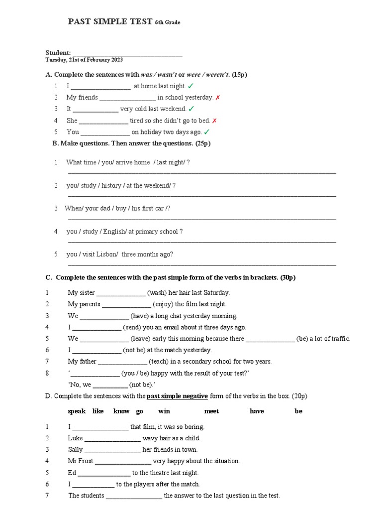 PAST SIMPLE TEST 6th Grade | PDF | Linguistic Typology | Human ...