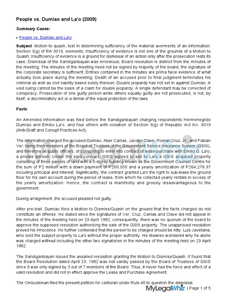 People vs. Dumlao: Motion to Quash Explained | PDF | Double Jeopardy ...