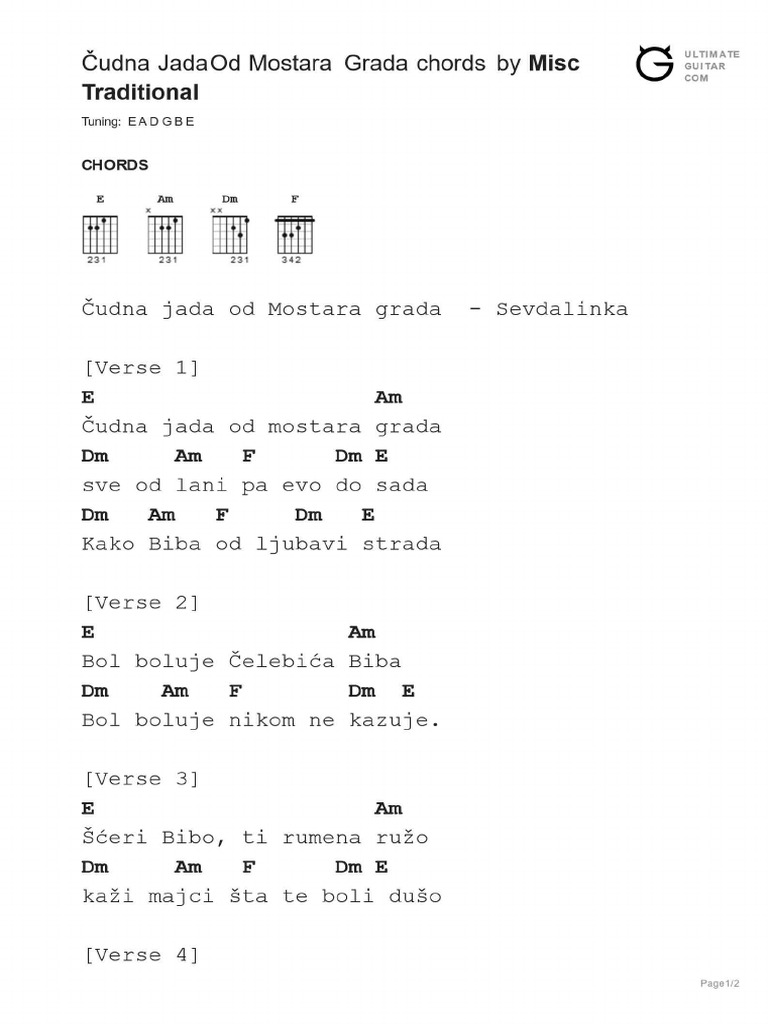 Čudna Jada Od Mostara Grada Chords | PDF