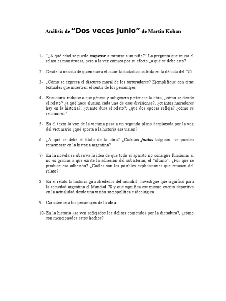 Análisis de Dos Veces Junio Martín Kohan | PDF