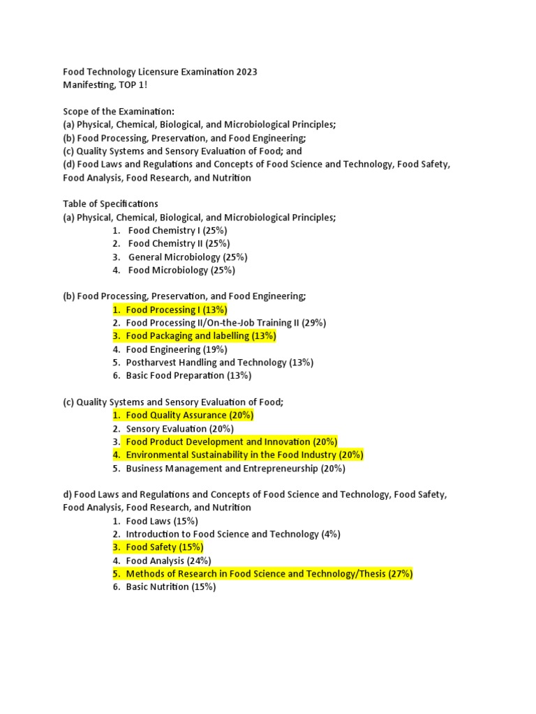 Food Technology Licensure Examination 2023 | PDF