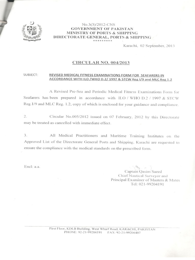 Revised Medical Fitness Examinations Form For Sea | PDF