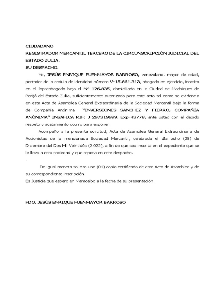 ACTA DE ASAMBLEA RATIFICACION DE JUNTA DIRECTIVA y RATIFICACION DE COMISARIO OSWALDO | PDF ...