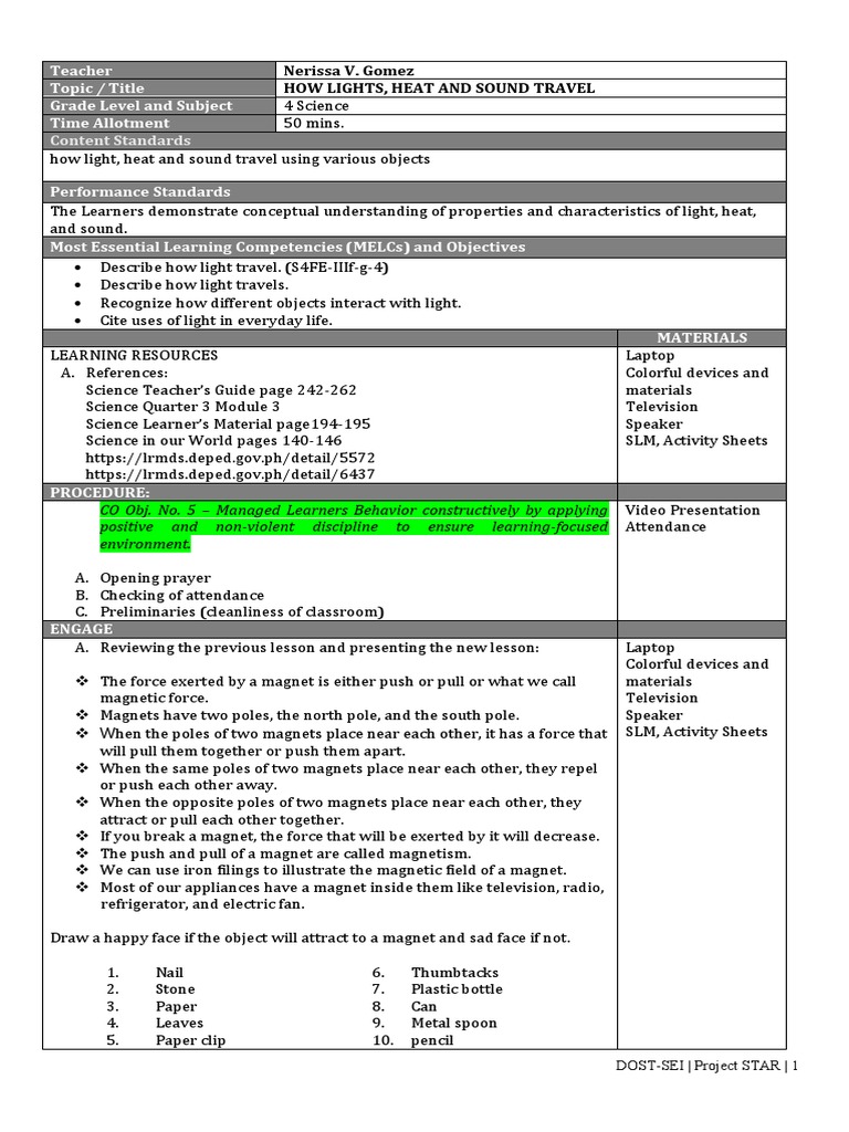 DLP For Cot Science 4 | Download Free PDF | Light | Learning