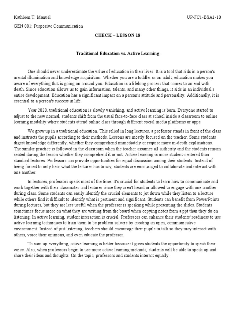 Traditional Education Vs Active Learning | PDF | Lecture | Learning