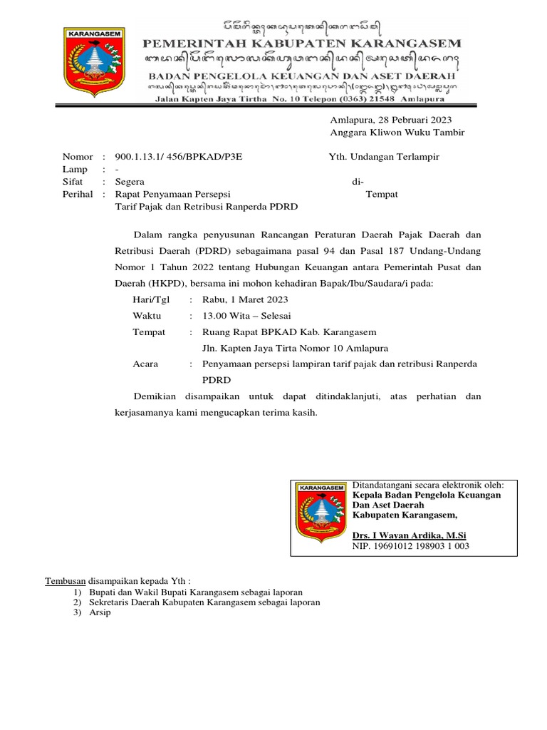 Surat Rapat Penyamaan Persepsi Ranperda | PDF Surat Rapat Penyamaan Persepsi Ranperda | PDF