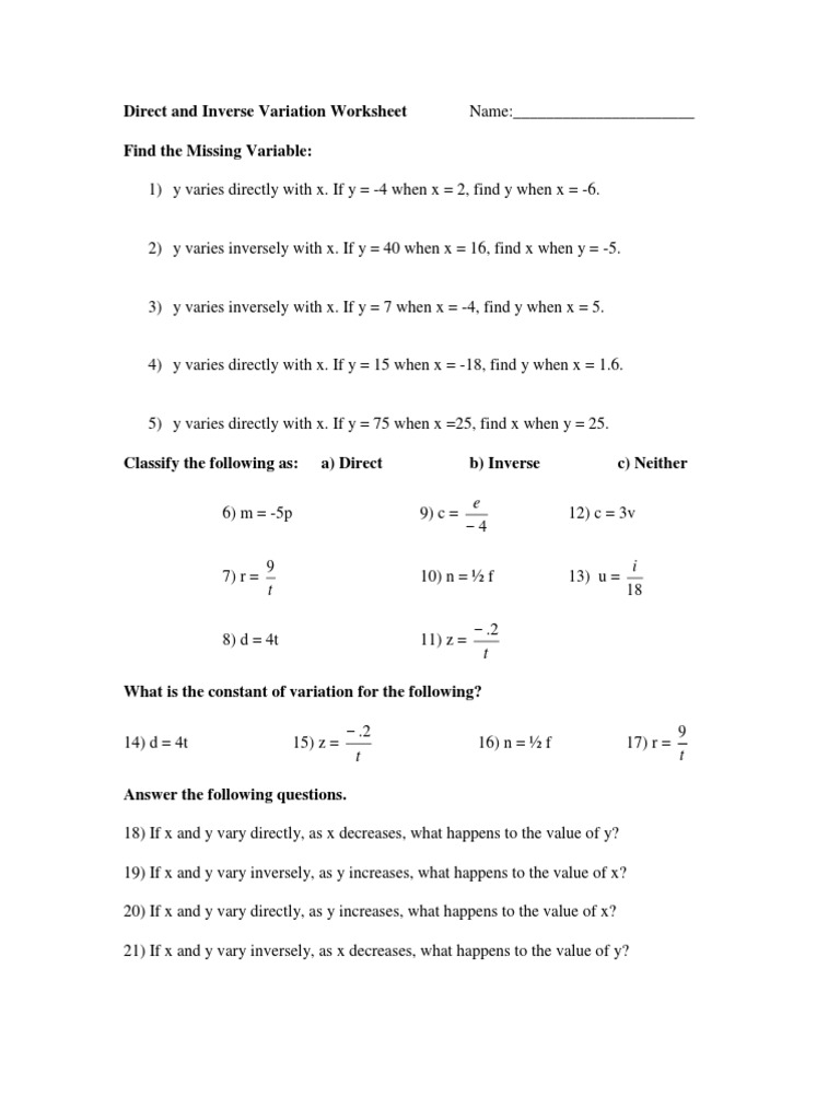 Direct and Inverse Variation Worksheet | PDF | Kilogram | Materials Science