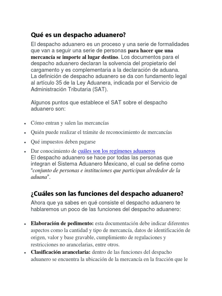 Definición y Proceso de Despacho Aduanero | PDF | aduana