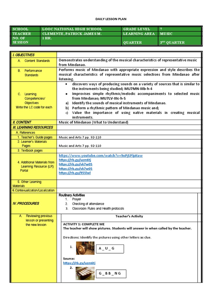 Week 3 LESSON PLAN | PDF | Teachers | Musical Instruments