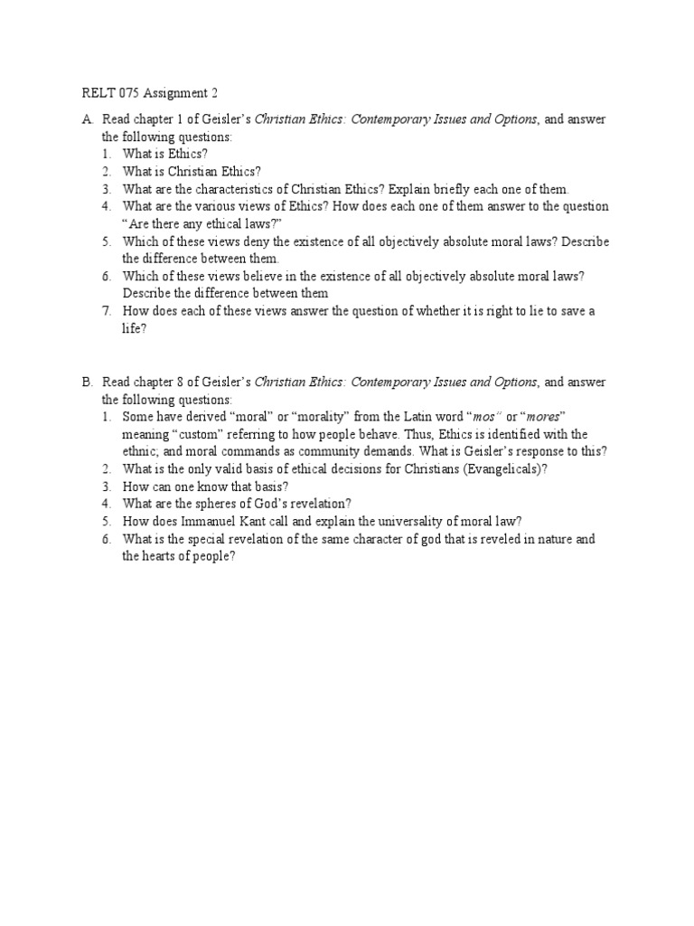 Christian Ethics Assignment Questions | PDF