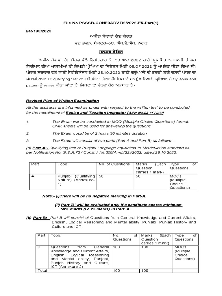 Revised Syllabus For Excise and Taxation Inspector | PDF