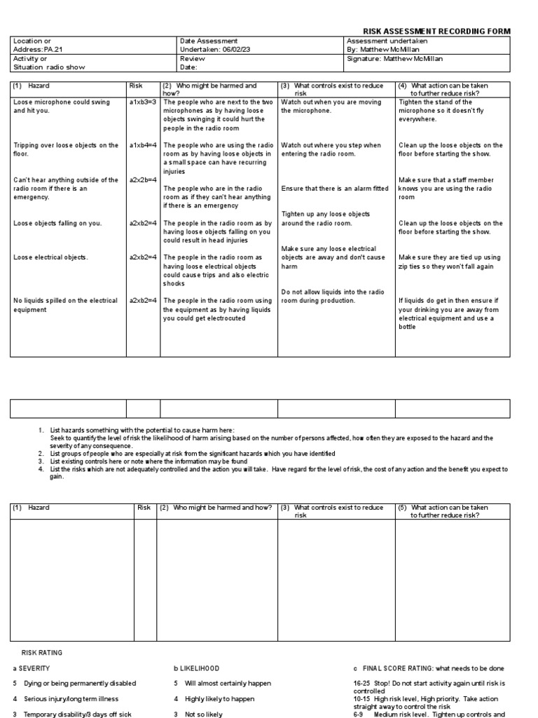 Risk Assessment For Radio Room | PDF | Risk | Hazards