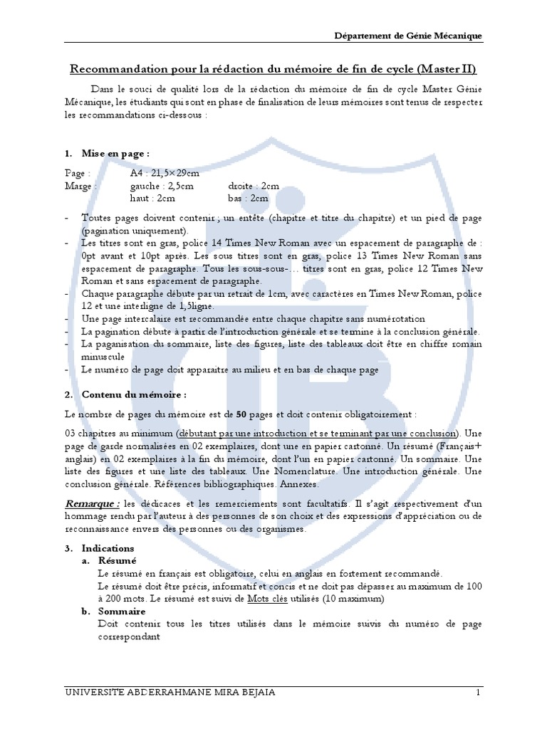 Rédaction du mémoire Master Génie Mécanique | PDF