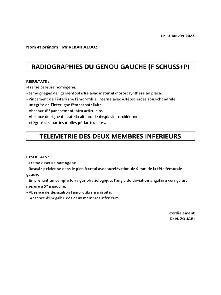 RX Genou + Telemetrie REBAH AZOUZI | PDF