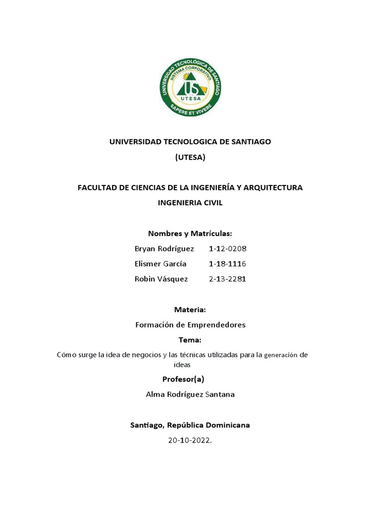 Cómo Surge La Idea de Negocios y Las Técnicas Utilizadas para La ...