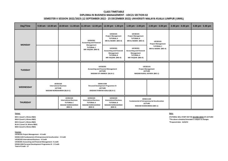 Timetable Semester II Session 2022-2023 - Umkl Udc21 Section 02 | PDF | Business