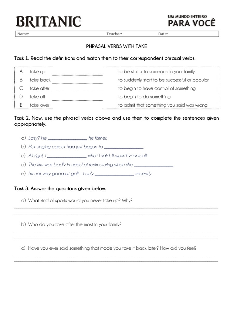 1.1 - Fce - Vocabulary - Phrasal Verbs With Take - 2 | PDF