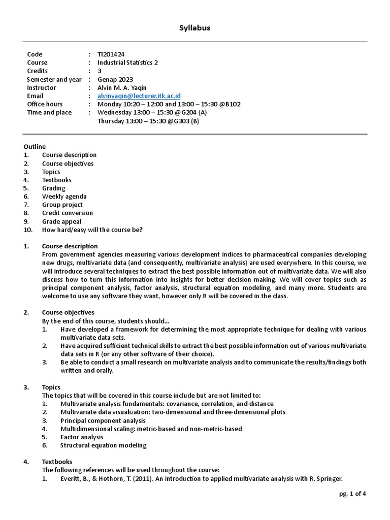 Industrial Statistics 2 Syllabus (2023) | PDF | Structural Equation Modeling | Factor Analysis