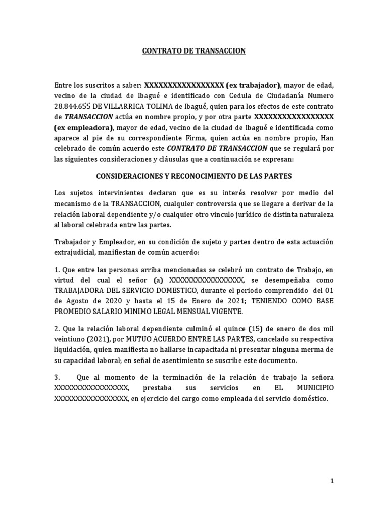 CONTRATO DE TRANSACCION MODELO | PDF | Salario | Economias