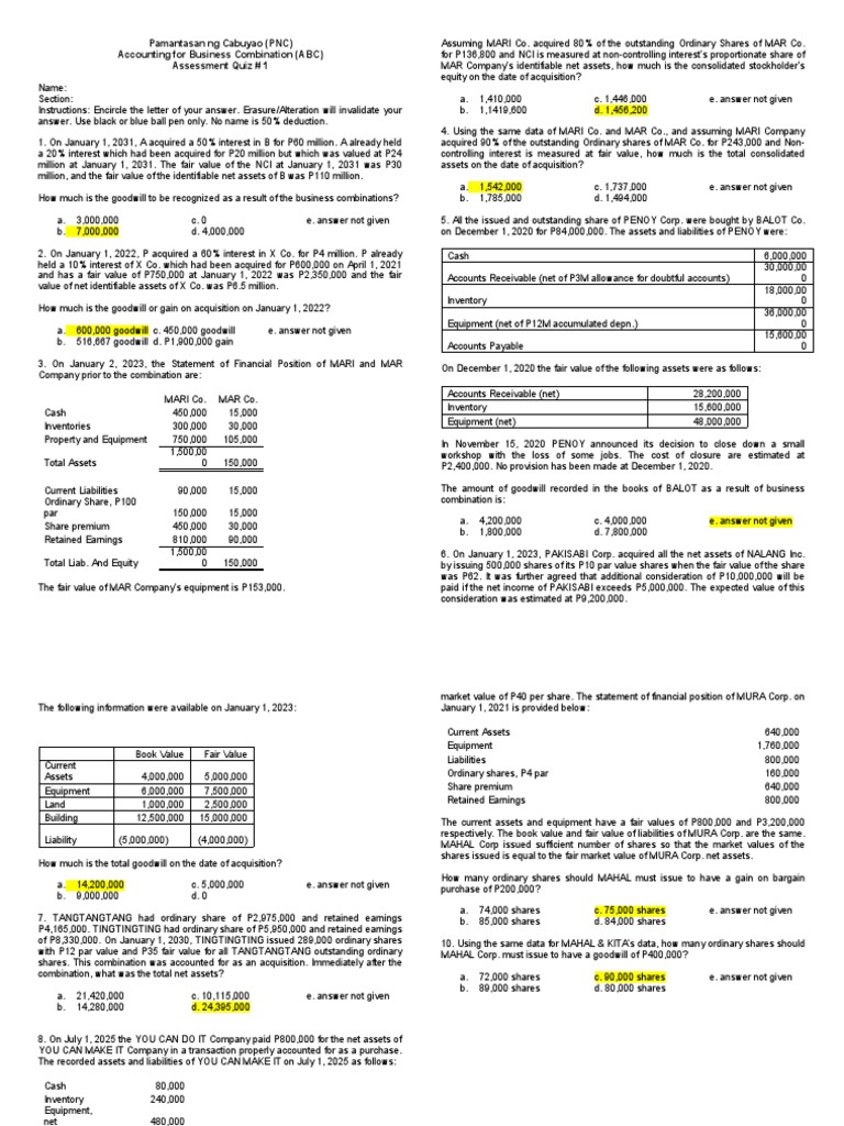 Accounting For Business Combination QUIZ 1 | PDF | Goodwill (Accounting) | Book Value