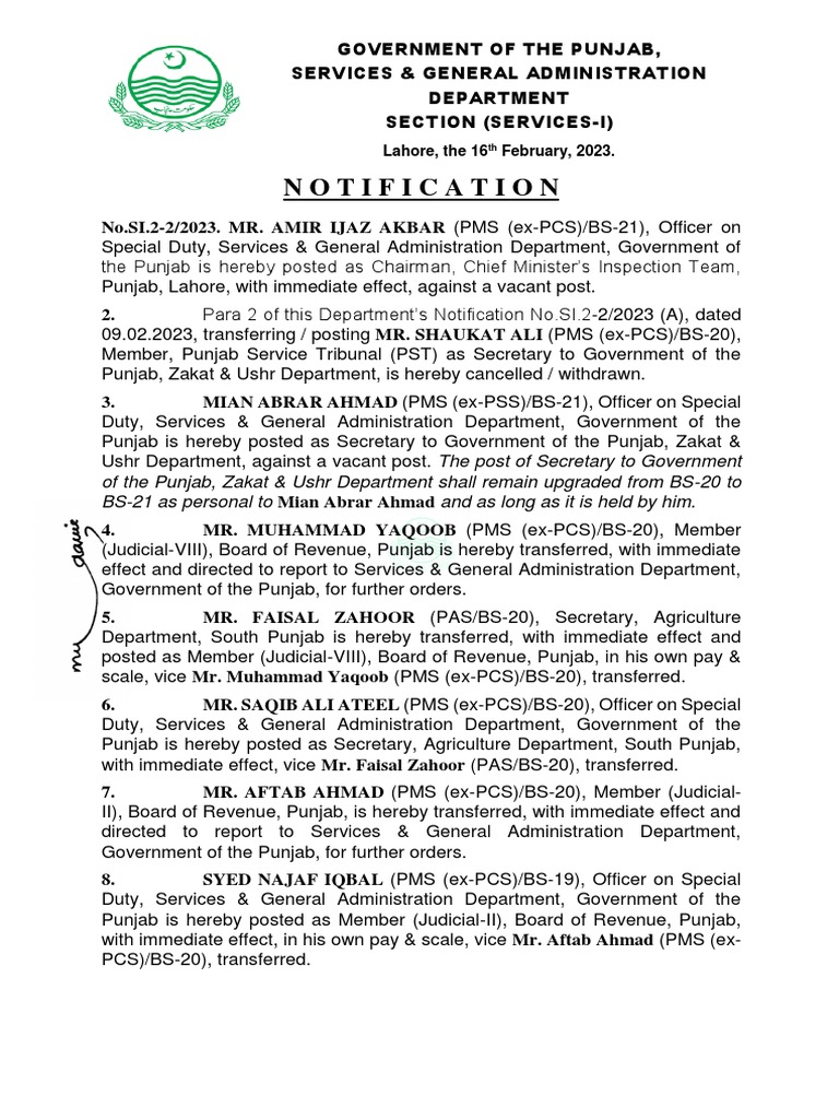 Punjab Transfer Posting Notification 2023 | PDF | Government Of ...