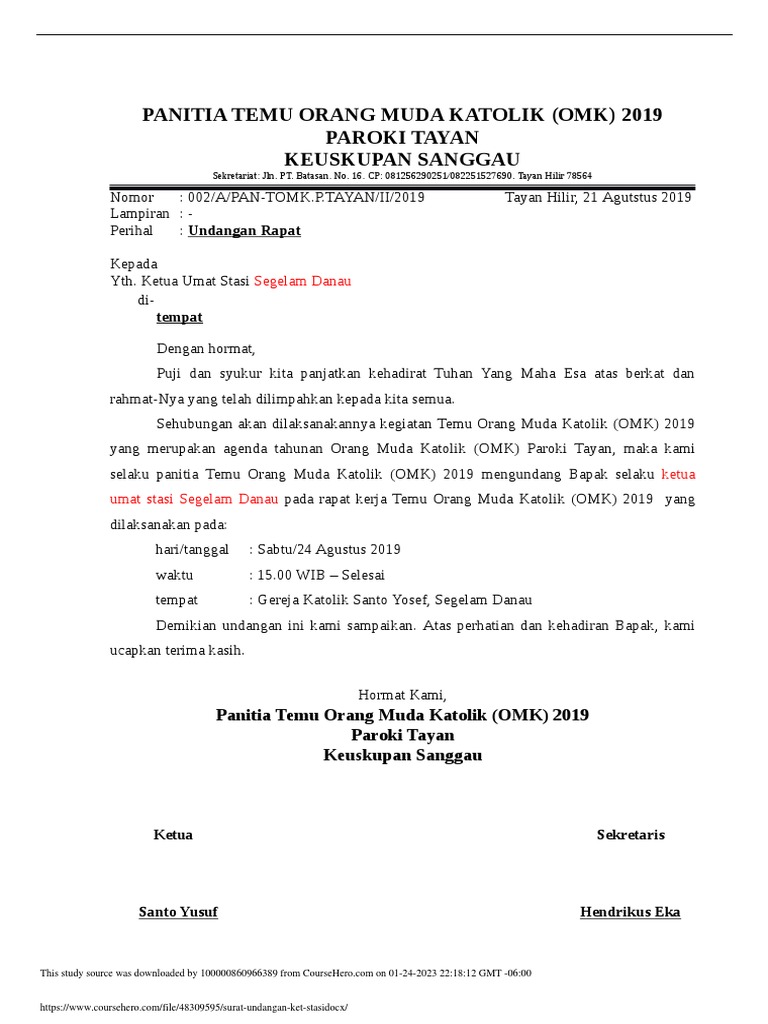 Undangan Rapat Panitia Temu Orang Muda Katolik (OMK) 2019 | PDF