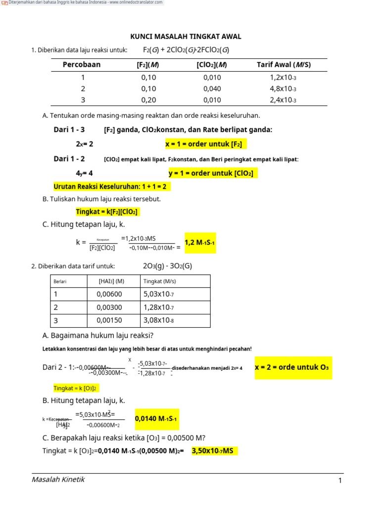 Kineticsproblemskey en Id | PDF