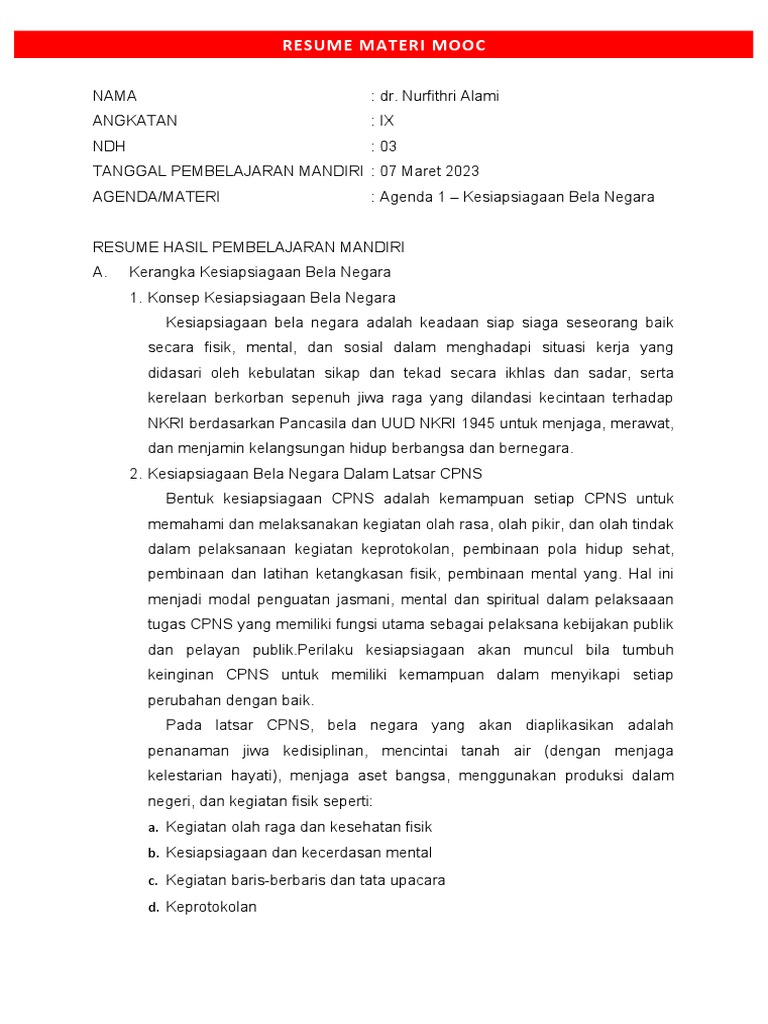 Resume Agenda 1 - Kesiapsiagaan Bela Negara | PDF