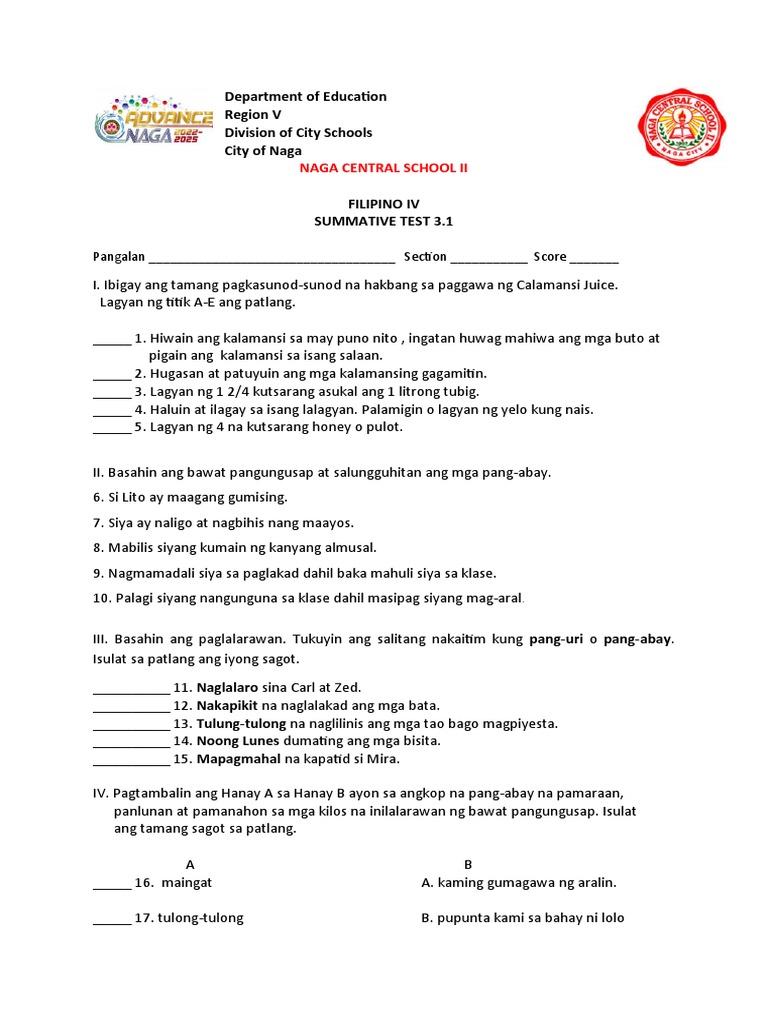 FILIPINO IV Summative Test 3.1 | PDF