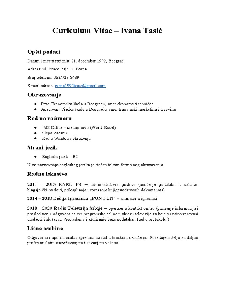 Ivana Tasić - CV | PDF