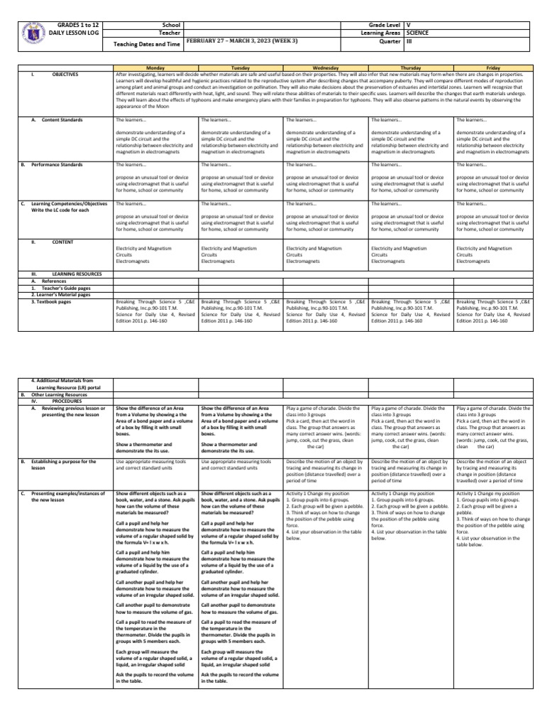Grade 5 DLL SCIENCE 5 Q3 Week 3 | PDF | Fahrenheit | Temperature