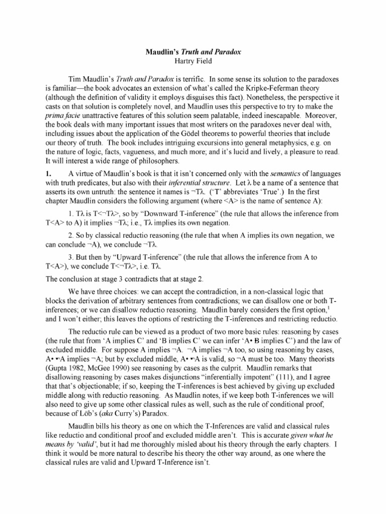 Maudlin's Truth and Paradox by Hartry Field | PDF | Truth | Inference