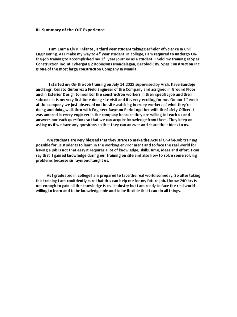 Emma (OJT Experience) | PDF