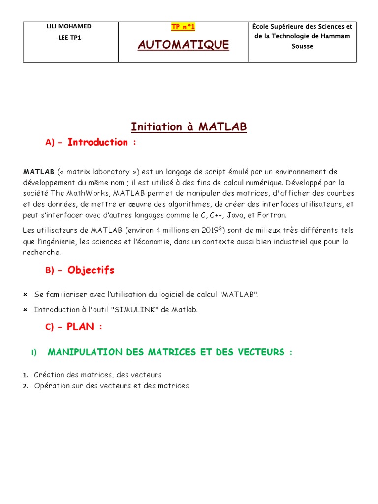 TP1 Automatique PDF | PDF | MATLAB | Ingénierie des systèmes