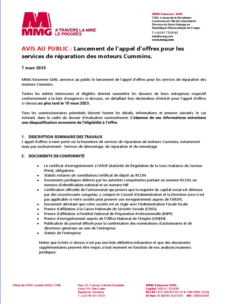 Avis Au Public Lancement Appel D'offres Pour Les Services de Réparation Des Moteurs Cummins. | PDF
