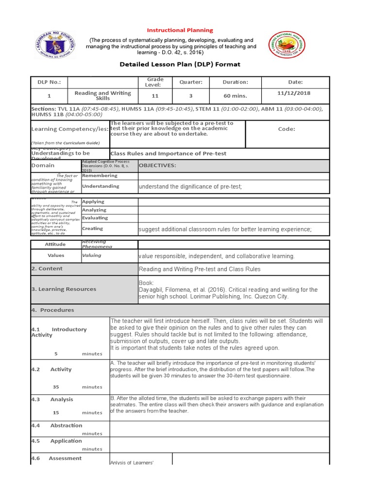 Detailed Lesson Plan (DLP) Format: Class Rules and Importance of Pre ...
